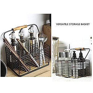 VANRA Utensil Holder Kitchen Condiment Organizer Utensil Caddy Storage Basket Organizer Metal Flatware Caddy with Wood Handle, Black