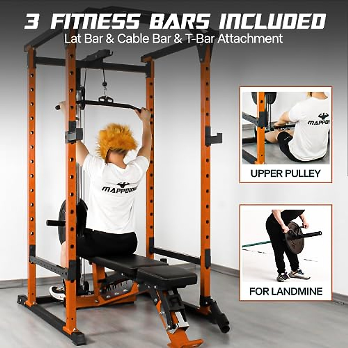 Mappding Power Cage, Power Rack with LAT Pulldown, Multi-Functional Squat Rack, 1500 Lbs Capacity Squat Cage with More Training Attachments for Home Gym, Black&Orange