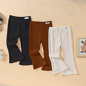 IZYJOY Kids Baby Girl Ribbed Knit Bell Bottoms Solid Color Flared Pants Toddler Elastic Waist Ruffle Leggings Fall Clothes(Black,3-4T)