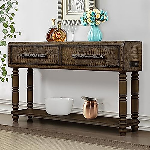 Tidyard Retro Sofa Table, 54 inch Pine Wood Console Table with 2 Power Outlets and 2 USB Ports Sofa and Couch End Table for Entryway, Foyer, Living Room, Bedroom Furniture