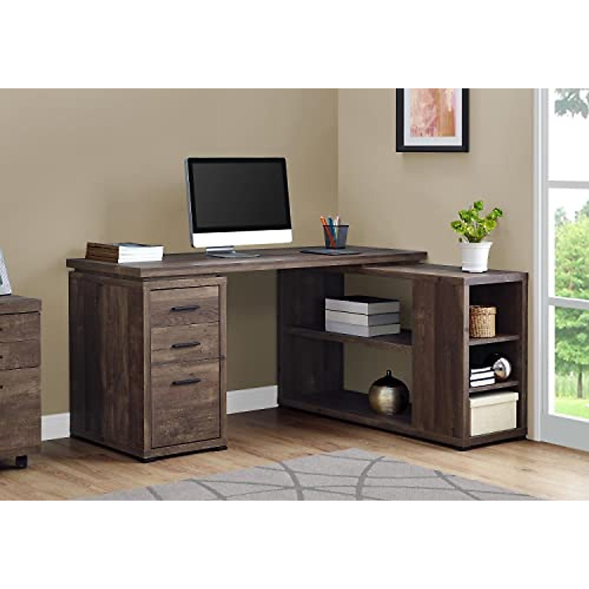 Monarch Specialties Computer Desk L-Shaped Corner Desk with storage - Left or Right Facing - 60"L (Brown Reclaimed Wood Look)
