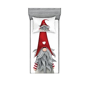 Ambesonne Gnome Fitted Sheet & Pillow Sham Set, Nordic Tonttu Myth Finnish Creature Nisser Scandinavian Folklore Print, Decorative Printed 2 Piece Bedding Decor Set, Twin, Grey Ruby