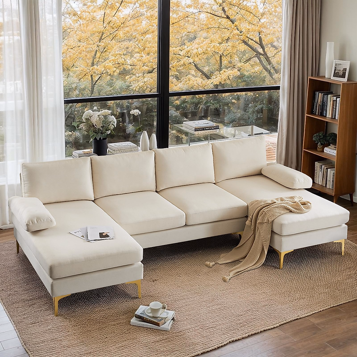 VINGLI 110" Modern U Shaped Sectional Couch with 51"D Double Chaise for Living Room, Beige Deep Seat Sectional Sofa Sets with 5.9" Thickness Seating Padding for Home Furniture,Linen Fabric,Metal Legs