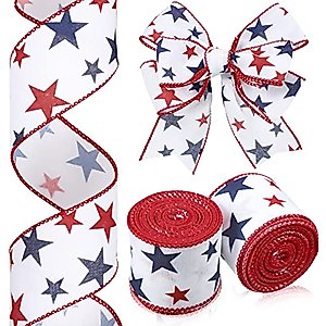 2 Rolls Stars Wired Edge Ribbon 4th of July Red White Blue Ribbon Independence Day Flag Day Ribbon for Wreaths 2.5 Inch Patriotic Fabric Ribbons for DIY Independence Day Party Decorations, 20 Yards