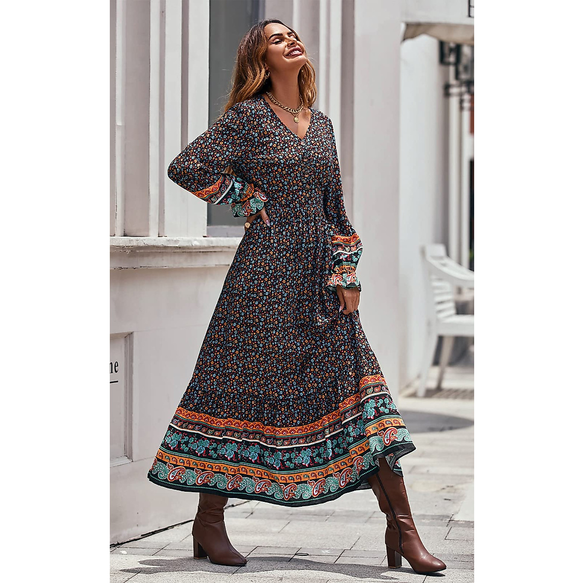 PRETTYGARDEN Long Sleeve Dress for Women - V-Neck Casual Boho Floral Vintage Fall Long Maxi Dresses (Black,X-Large)