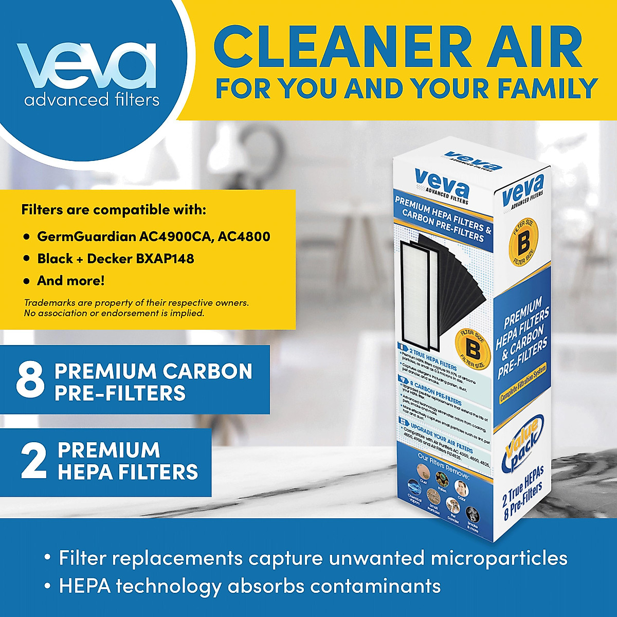 Veva HEPA Filter B Replacement, Compatible with Germ Guardian FLT4825 HEPA, AC4900CA, AC4825, AC4850PT, AC4820, Pack of 2 HEPA Filter / 8 Carbon Pre-Filters for GermGuardian Filter B