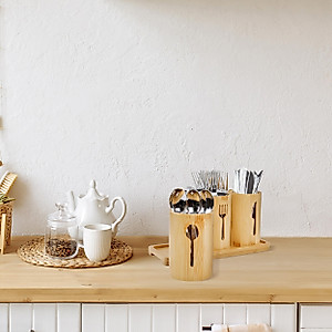 7Penn Standing Utensil Organizer Caddy - 3 Cup Bamboo Countertop Utensil Holder for Party Camping and Kitchen