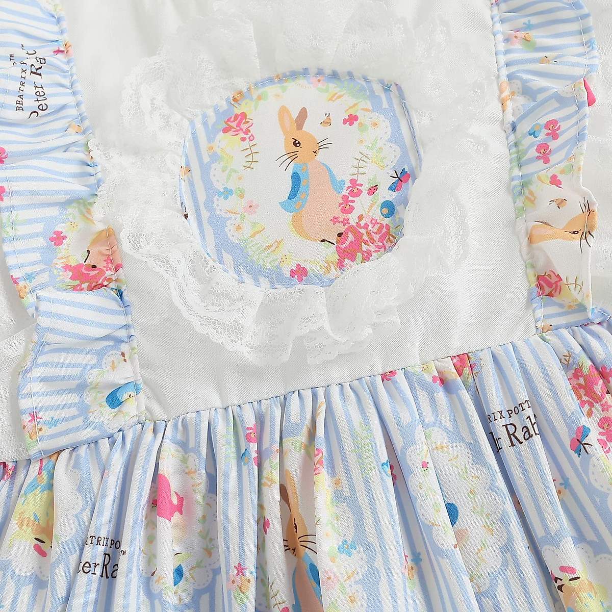 Kids Toddler Baby Girl Easter Dress Short Puff Sleeve Rabbit Bunny Print Ruffle Lace Patched Princess Dress (3-4T, Lace+Blue)