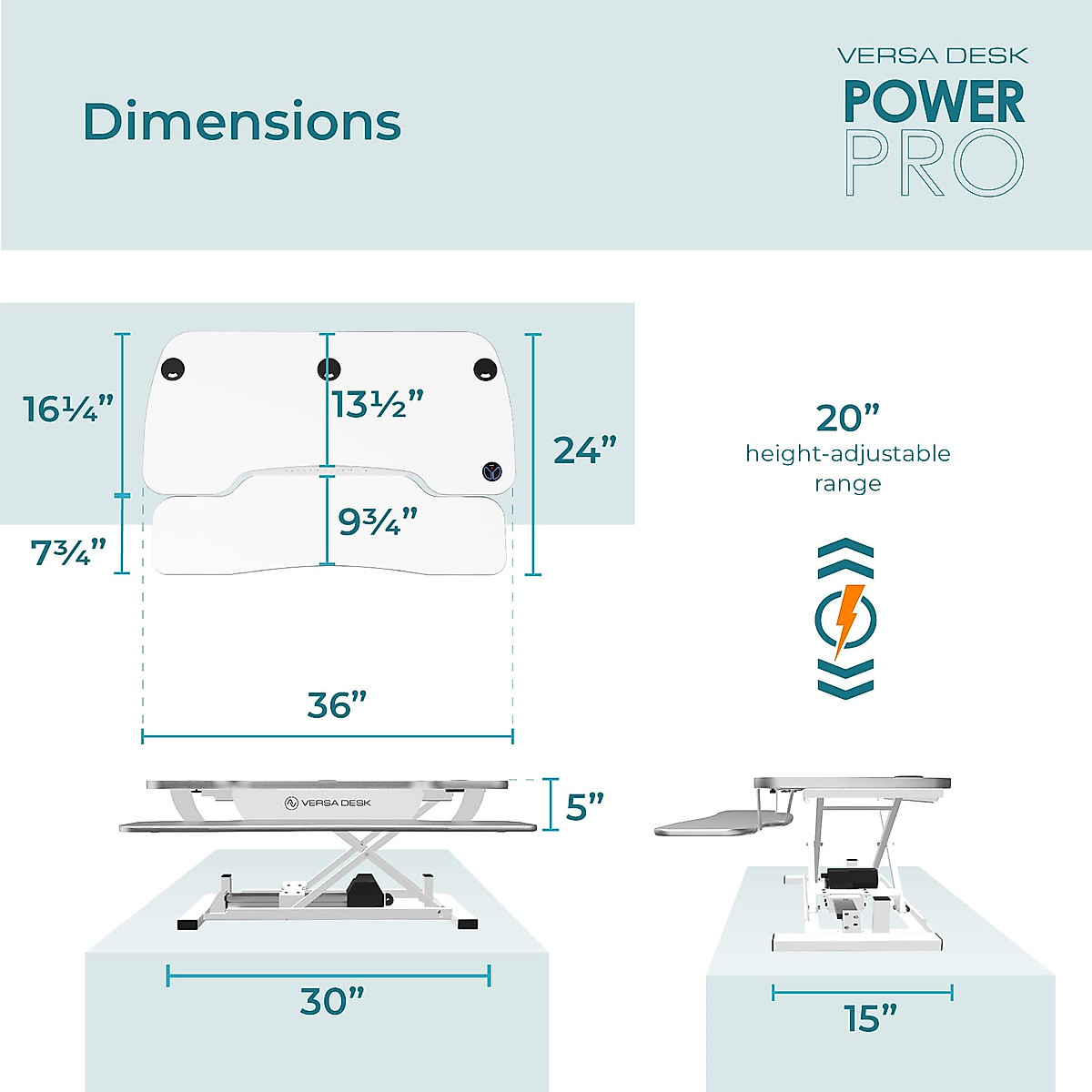 VERSADESK Electric Standing Desk Converter, PowerPro Height-Adjustable Sit Stand Desktop Riser with Keyboard Tray, USB Charging Port, 36" X 24", White