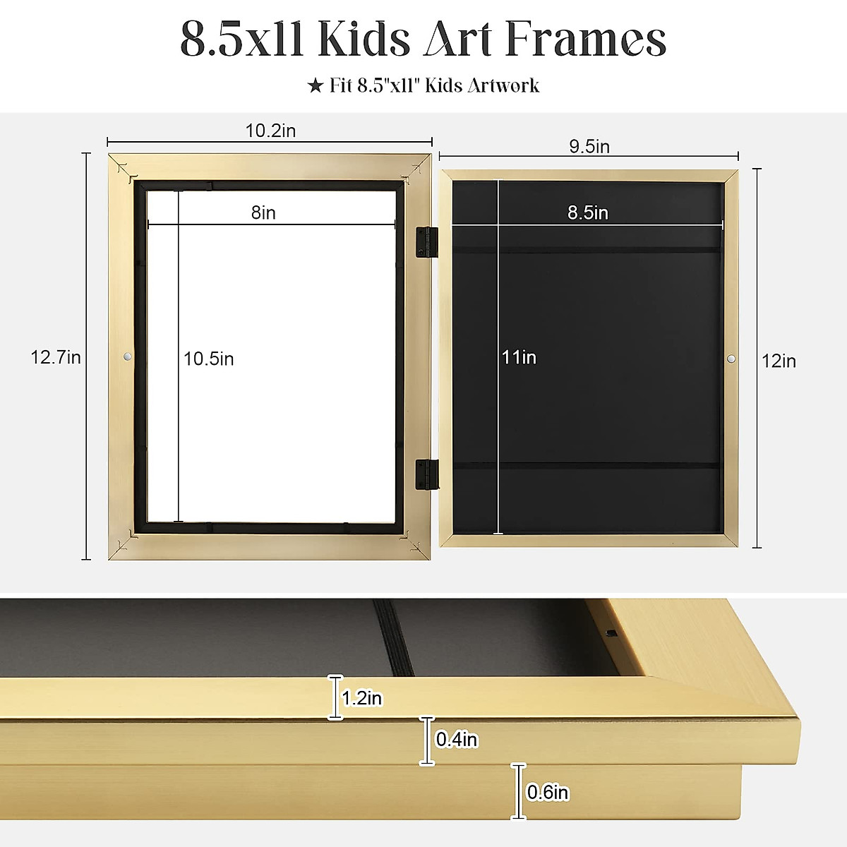 [2-Pack] Kids Art Frames, 8.5x11 Front Opening Kids Artwork Frames Changeable, Gold Artwork Display Storage Frame for Wall, Holds 50 Pcs, for 3D Picture, Crafts, Children Drawing, Hanging Art,