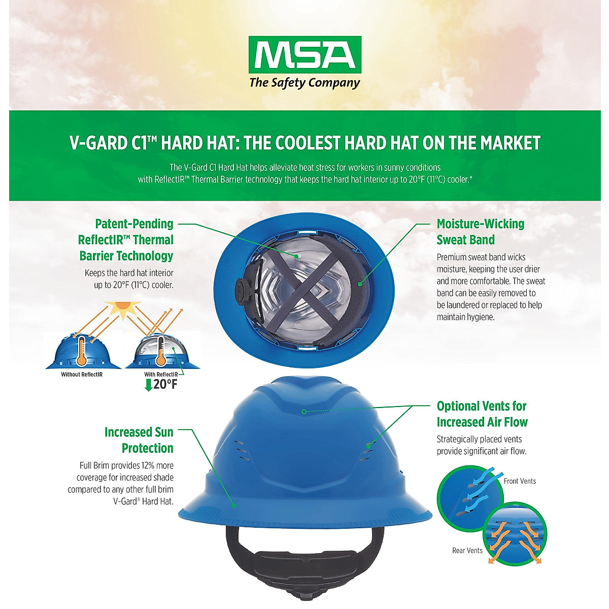 MSA 10215832 V-Gard C1 Vented Yellow Full Brim Hard Hat with ReflectIR Cooling Thermal Barrier and Fas-Trac III Suspension - Uses Highly Innovative Cooling Features to Help Alleviate Heat Stress