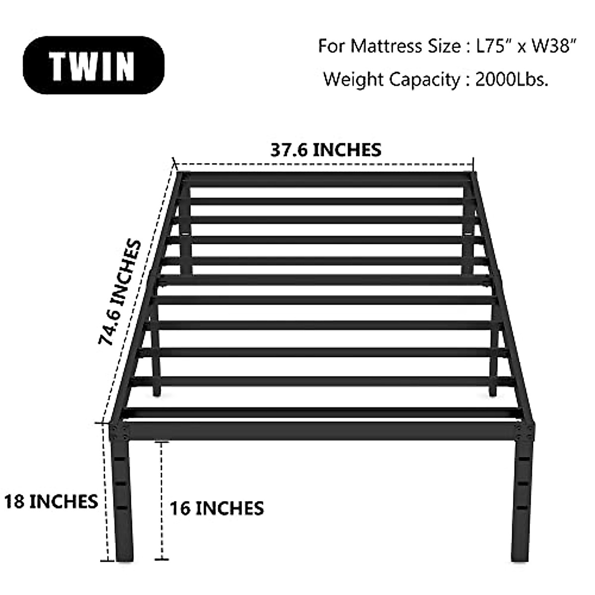 HOBINCHE 18 Inch Metal Twin Bed Frame No Box Spring Needed - Easy Assembly Heavy Duty Noise Free Narrow Bedframes - Single Black Basic Anti Squeak Steel Slats Platform with Storage