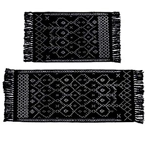 Cedilis 2 Pack Boho Bath Mat, Cotton Woven Throw Rug with Small Tassel, Geometric Patterned Kitchen Bathroom Rug, Washable Hallway Floor Carpet, Black & White, 2 ft x 3 ft & 2 ft x 4.3 ft