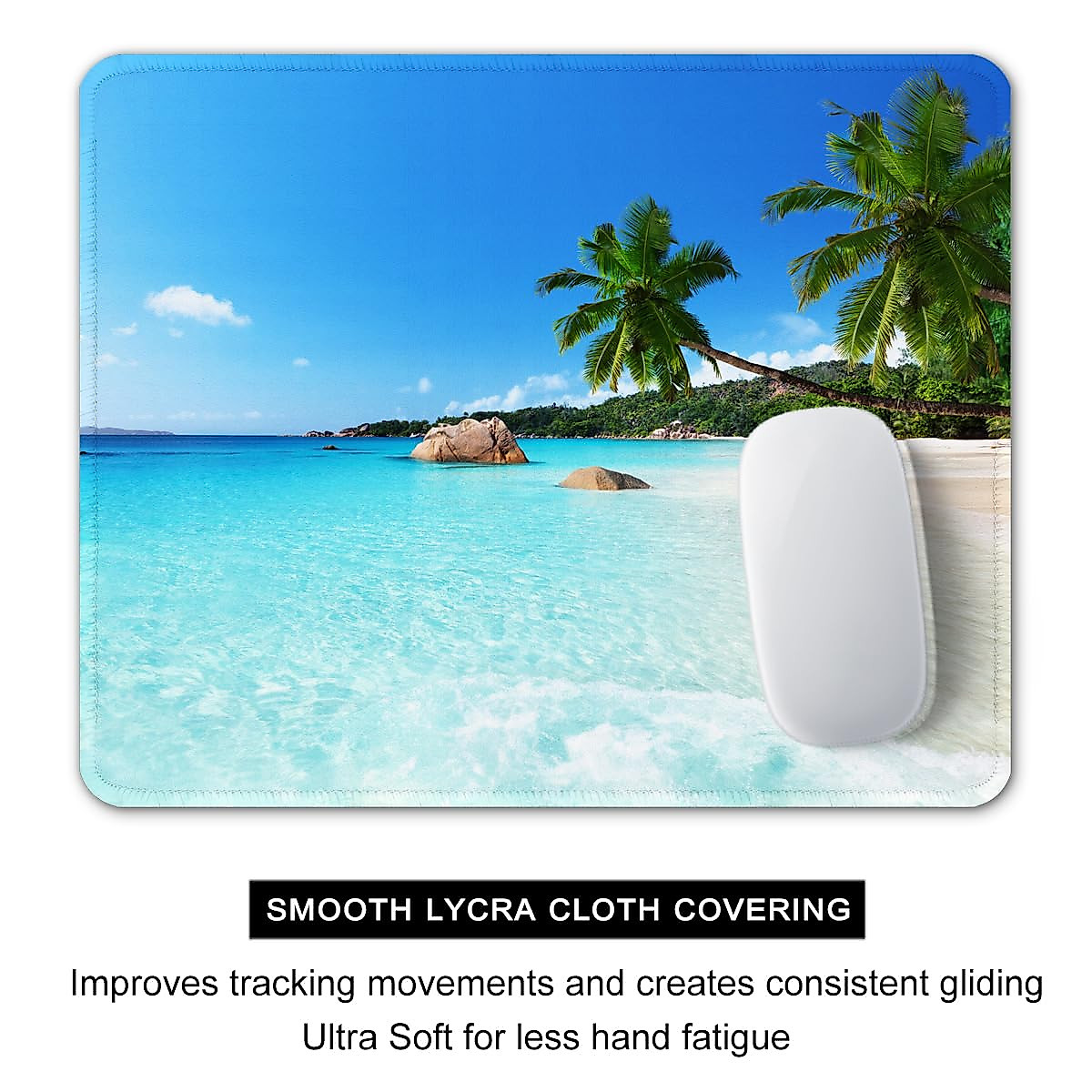 Auhoahsil Mouse Pad, Square Beach Style Anti-Slip Rubber Mousepad with Durable Stitched Edges for Gaming Office Laptop Computer PC Men Women Kids, Cute Custom Pattern, Beach and Coconut Trees Design