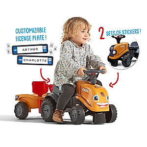 Falk Case CE Tractor with Trailer, Rake and Shovel, Rake and Shovel, 2 Sets of Stickers, Push Ride-On Toy for Toddlers +1 Year FA297C