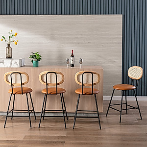 Amadi Counter Stools Rattan Back Dining Chair, Indoor Faux Leather Bar Stools Set of 2, Armless Dining Chairs with Rattan Backrest, Modern Metal Counter Height Barstools for Home Whiskey Brown,24"