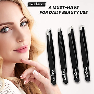 ActivePur, 4 Pcs Tweezers Set Precision for Facial Hair, Ingrown Hair, Splinter for Eyebrows Blackhead and Tick Remover, Best Professional Stainless Steel Seller Hair Remover Tweezer Set w/PU Bag.