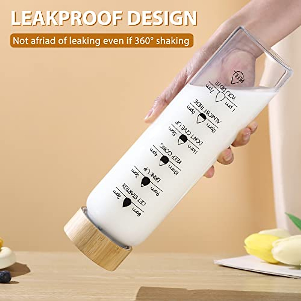 ZDZDZ Large Glass Water Bottle with Bamboo Lid, 33oz Travel Water Bottle with Time Marker and Rmovable Infuser, Glass Tea Infuser Bottle for Tea Milk Coffee Lemonade