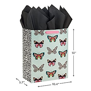 Hallmark 13" Large Gift Bag with Tissue Paper (Butterflies, Mint Green, Pink, Black) for Easter, Mother's Day, Bridal Showers, Baby Showers, Birthdays