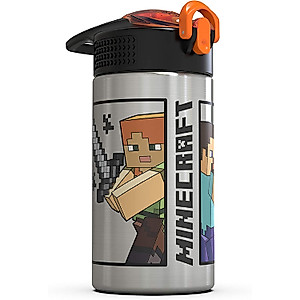 Zak Designs Minecraft - Stainless Steel Water Bottle with One Hand Operation Action Lid and Built-in Carrying Loop, with Straw Spout is Perfect for Kids (15.5 oz, 18/8, BPA-Free)
