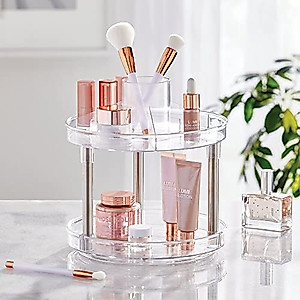 mDesign Spinning 2-Tier Lazy Susan Makeup Turntable Storage Center Tray - Rotating Organizer for Bathroom Vanity Counter Tops, Dressing Tables, Cosmetic Stations - Ligne Collection - 9" Round - Clear