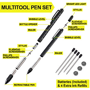 Valentines Day Gifts for Men Dad Him, 9 in 1 Multitool Pen Set with LED, Stylus, Level, Screwdriver, Flathead, Gadgets for Men Gifts for Dad, Birthday Gifts for Men, Him, Husband, Father, Black