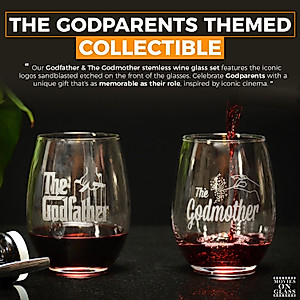 The Godfather & Godmother Etched Stemless Wine Glass Set - Premium Quality Licensed, Handcrafted Glassware - A Perfect Collectible Gift for Godparents, Movie Lovers & Special Occasions