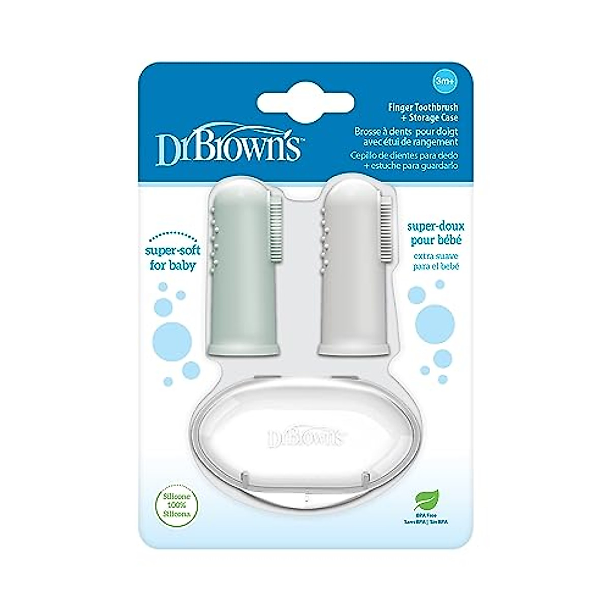Dr. Brown's Silicone Finger Toothbrush for Baby with Travel-Storage Case, 3m+, Gray and Light Green, 2-Pack