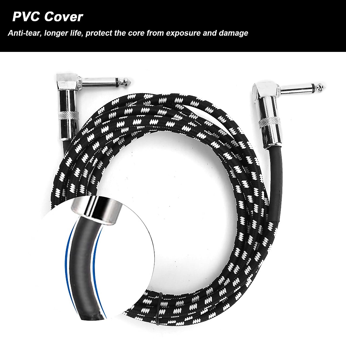 Hilitand Guitar Cable - 6.35MM Male Head Audio Guitar Cable 10ft Electric Guitar Amplifier Cord - Right Angle to Right Angle 1/4 Inch Instrument Cable Guitar Amp Cable(Black-White)