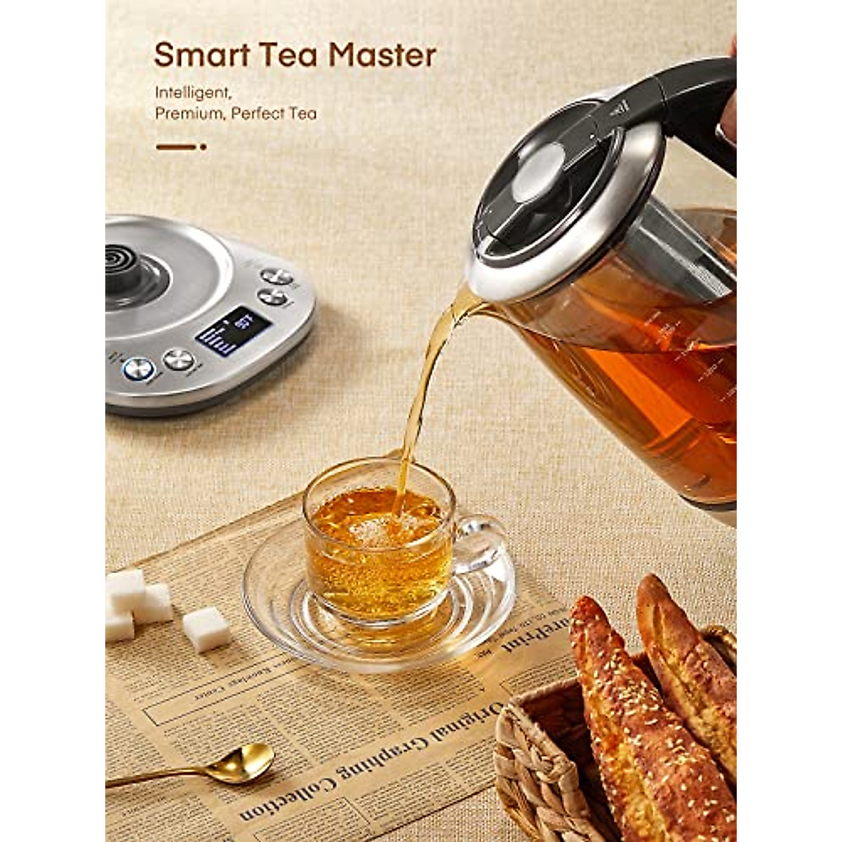 Electric Kettle with Temperature Control and Tea Infuser, FOHERE 1.7L Electric Tea Kettle, Glass and Stainless Steel Hot Tea Water Kettle, 2Hr Keep Warm, 6 Presets for Herbal, Green, Coffee, Black