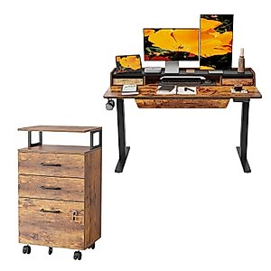 FEZIBO Electric Standing Desk, 55 x 24 Inches with 3 Drawers, Black Frame/Rustic Brown Top with File Cabinet