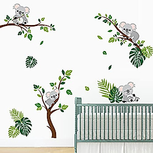 decalmile Koala and Tree Branch Wall Decals Tropical Palm Leaves Wall Stickers Baby Nursery Children Bedroom Wall Decor