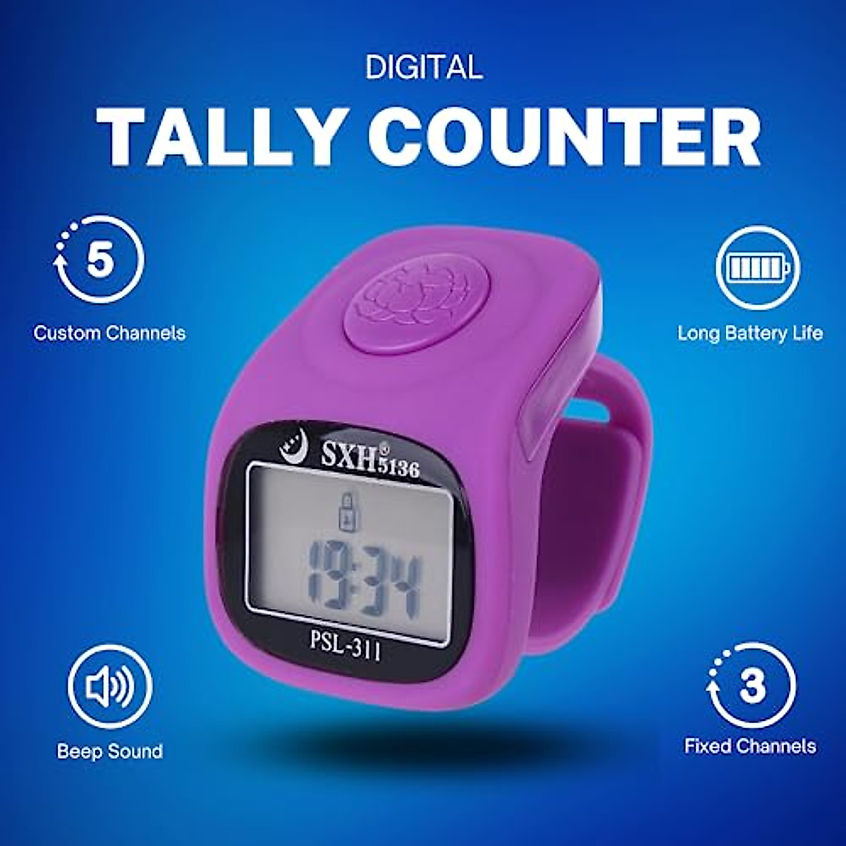 PHONEX Tally Counter Clicker : Multi-Channel Digital Finger Counter Tasbih with LED, Beep Sound, Time Clock & Reset Button - Premium Quality Dhikr Counter & Tasbeeh Counter (Purple)