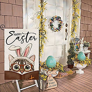 Happy Easter Garden Flag for Outdoor 12x18 Double Sided,Religious Cat with Bible Rabbit Ears Small Yard Flag,Seasonal Decors for Spring Farmhouse Holiday Outside