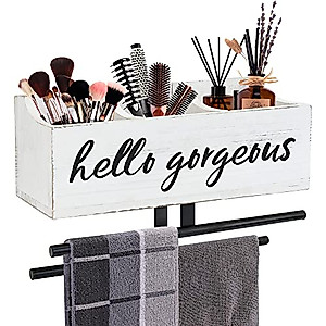 Farmhouse Bathroom Cup Holder,Hair Dryer Holder Wall Mounted, Hair Tools and Styling Organizer with Towel Bar,