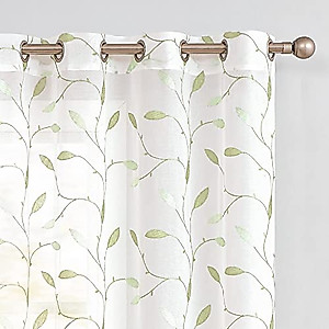 COLLACT Sheer Curtains Leaf Embroidered Living Room Curtains Farmhouse Window Treatments Sheer Curtains 84 Inch Length 2 Panels Set Window Curtains Rustic Bedroom Curtains Grommet Top Green on White