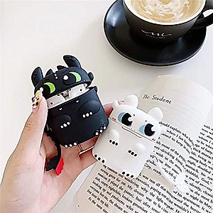 ZOSTLAND Cute Earphone AirPods Case, Long Tail Sitting Dragon Thick Soft Portable Silicone Protective Shockproof Skin Cover Box Compatible with Apple AirPods 2&1 Charging Station Case (Dragon Black)