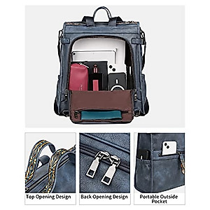 FADEON Womens Leather Backpack Purse Designer Travel Ladies Shoulder Bag Back Opening Backpack Purses for Women Blue