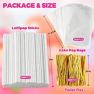 600Pcs Lollipop Stick, 6IN Cake Pop Sticks with Clear Treat Bags & Gold Twist Ties, Cake Pops Making Tools for Lollipops, Candies, Chocolates Cookies (A)