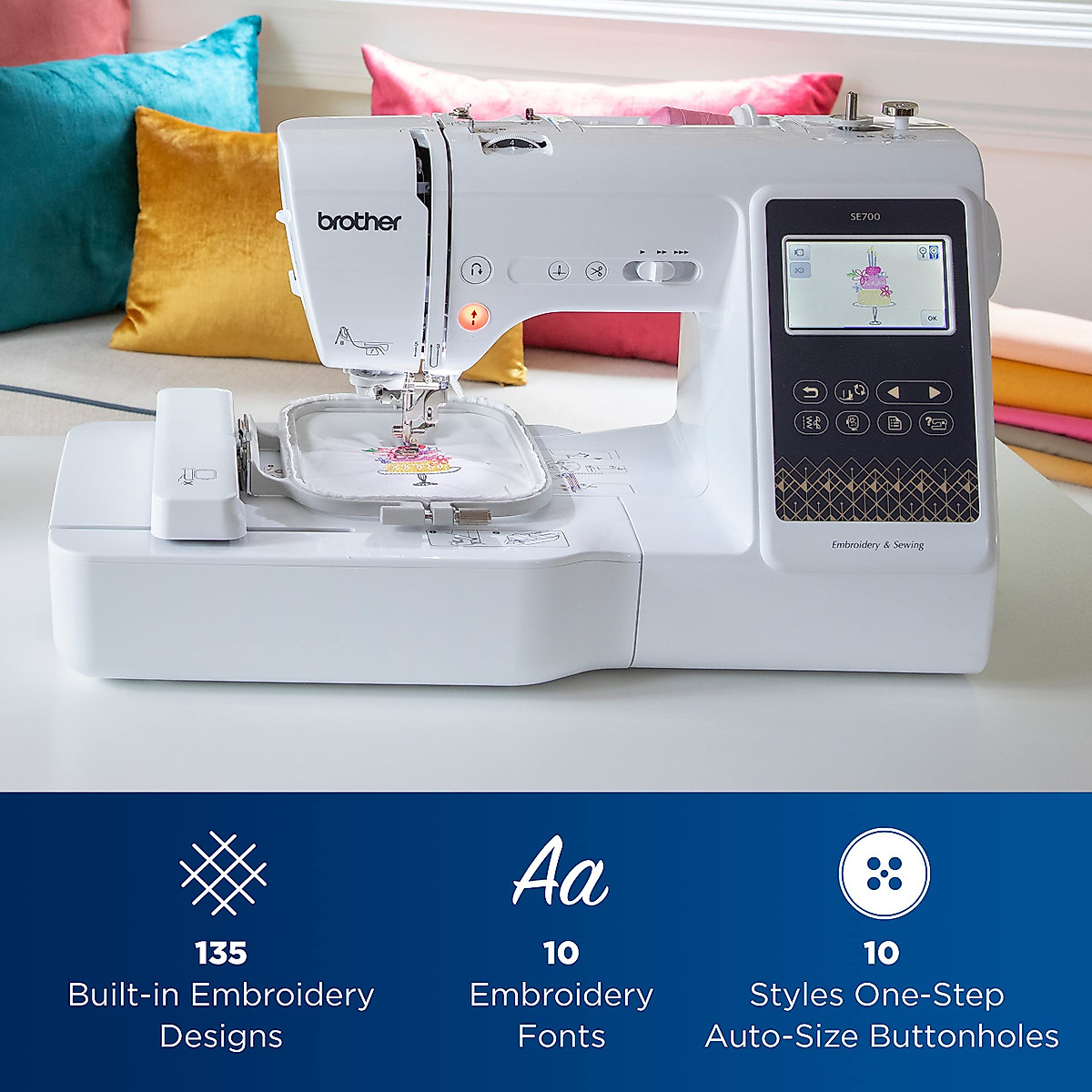 Brother SE700 Sewing and Embroidery Machine, Wireless LAN Connected, 135 Built-in Designs, 103 Built-in Stitches, Computerized, 4" x 4" Hoop Area, 3.7" Touchscreen Display, 8 Included Feet