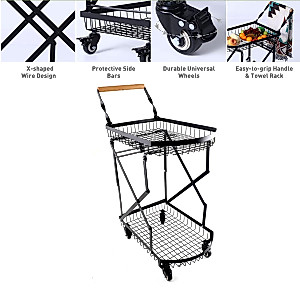 CYJZWOH Multi Use Functional Collapsible Carts, 2-Tier Metal Mobile Folding Trolley Shopping Cart, with Wooden Handle, Lockable Wheels for Office, Living Room, Kitchen, Picnic(Black)