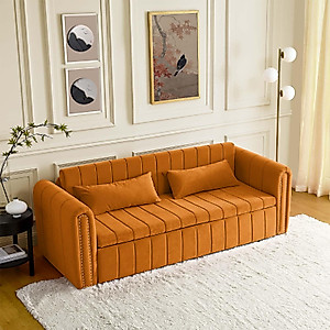 Antetek Oversized Sleeper Sofa w/Pullout Bed, 82-inch Modern Velvet Fabric Deep 3-Seat Couch with Metal Frame, 2 Toss Pillows, Comfy Upholstered Furniture for Living Room, Orange