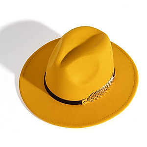 HUDANHUWEI Women's Wide Brim Fedora Panama Hat with Metal Belt Buckle W Yellow