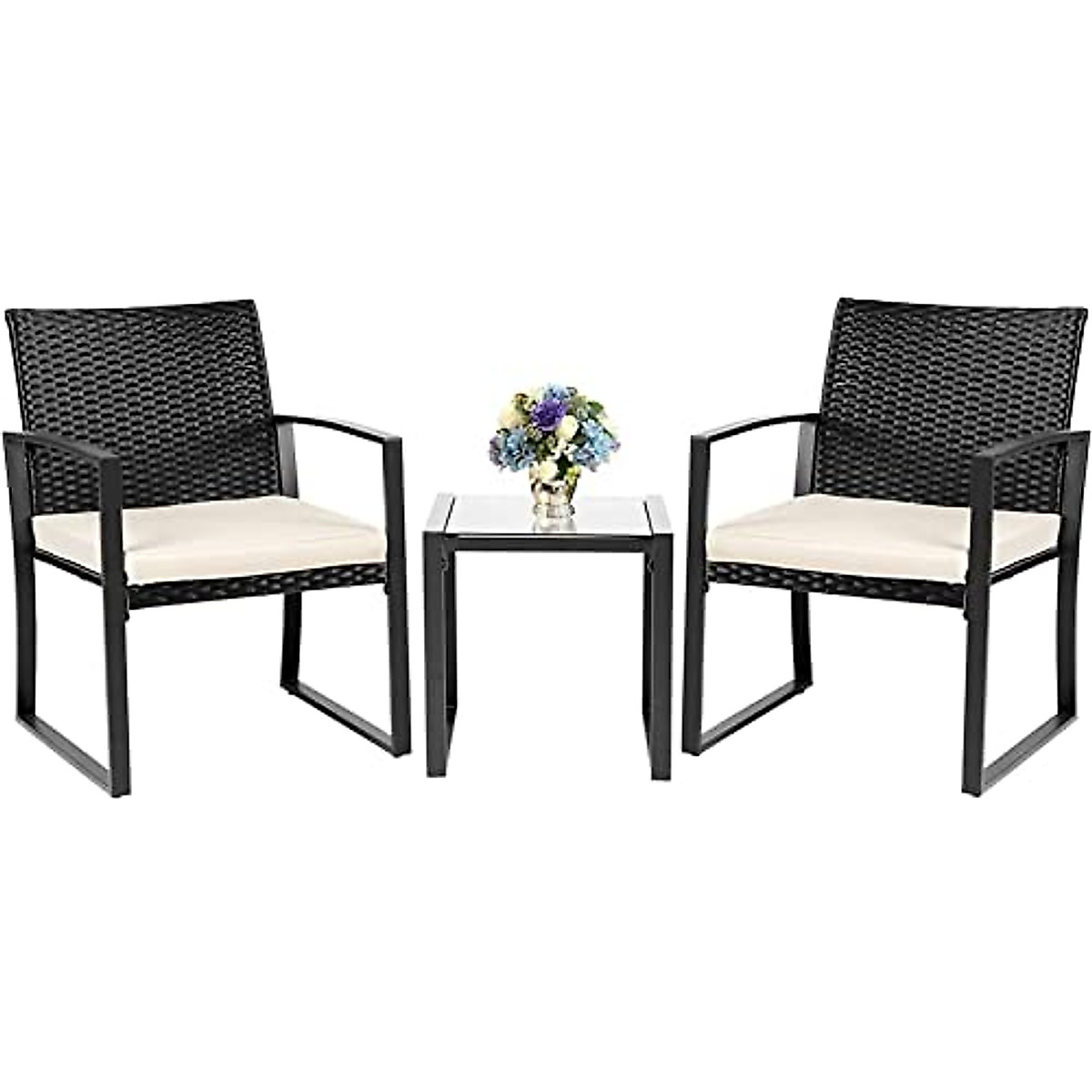 Oakmont 3 Pieces Patio Furniture Set Outdoor Conversation Furniture 2 Chairs with Glass Top Coffee Table Sets Beige Cushions Backyard, Pool, Garden