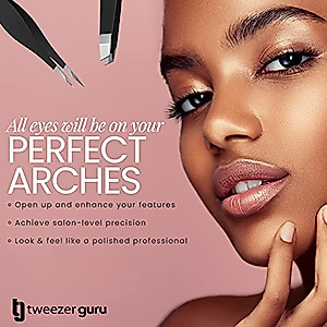 Tweezer Guru Ingrown Hair Tweezers - Pointed Precision Tweezers for Eyebrows & Ingrown Hair Removal - Blackhead and Splinter Tweezer with Sharp Needle Nose Point (2 Piece Set, Black (Point+Slant))