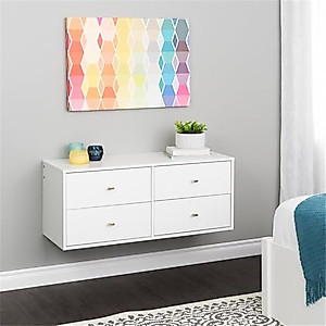 Prepac 4-Drawer Floating Dresser for Bedroom, Modern Dresser Chest of Drawers with Brushed Brass Knobs 16" D x 42.25" W x 17.25" H, White, WDBW-1412-1