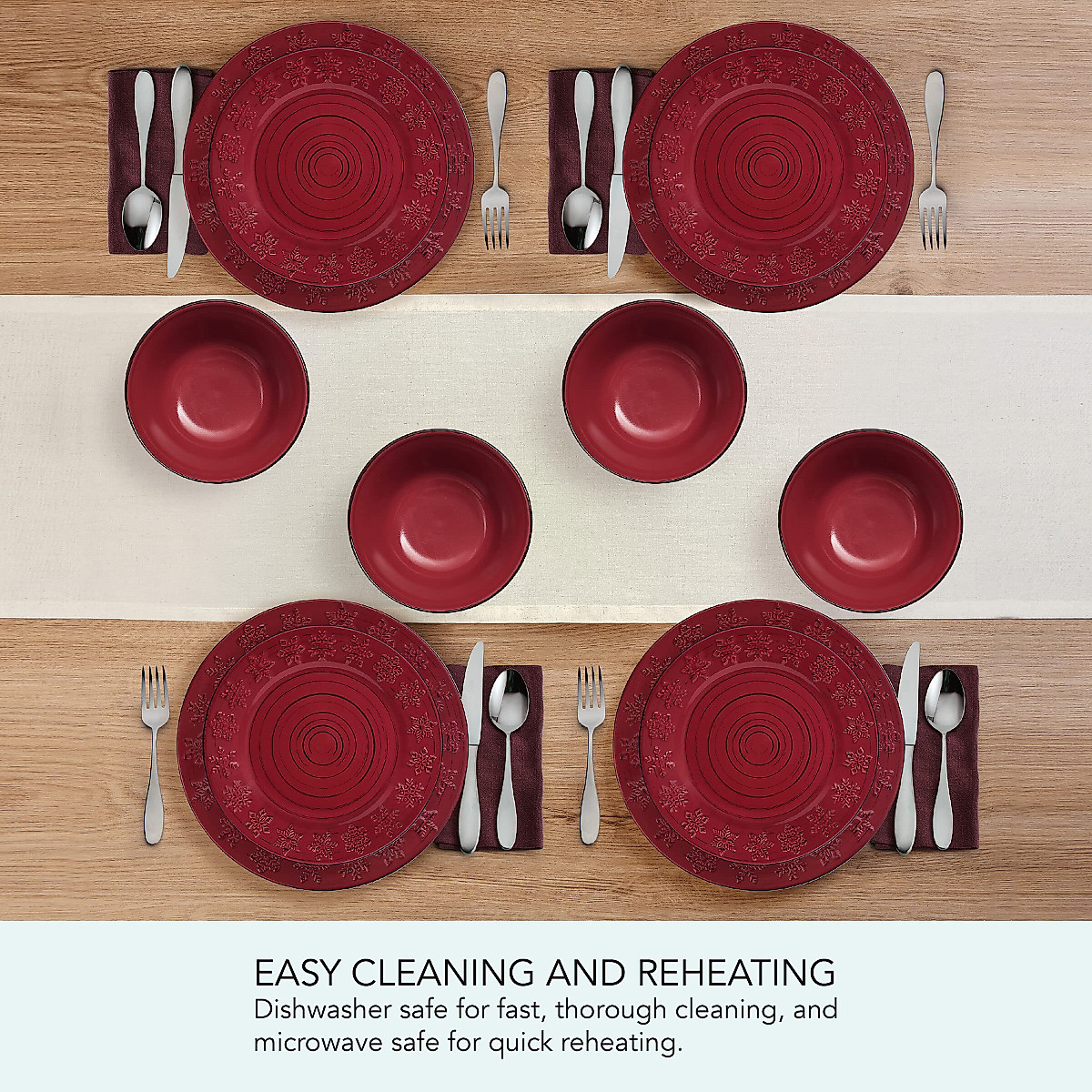 Pfaltzgraff Trellis Snowflakes 12 Piece Dinnerware Set, Service For 4, Red