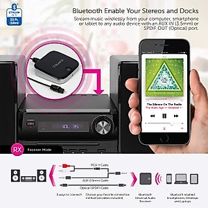 Aluratek ADB1B Bluetooth Audio Receiver and Transmitter, 2-in-1 Wireless 3.5mm, AUX, Optical Audio Adapter, Pairing with 2 Bluetooth Headphones Simultaneously in Transmitter Mode, Small