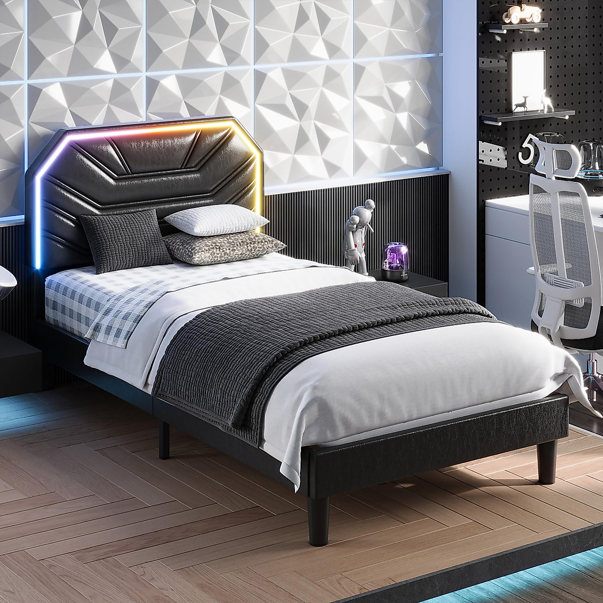 LIKIMIO Twin Bed Frames with Lighted Headboard, Upholstered Modern Cama Twin Platform Bed with Heavy Duty Supports, No Box Spring Need, Noise Free, Easy Assembly, Black