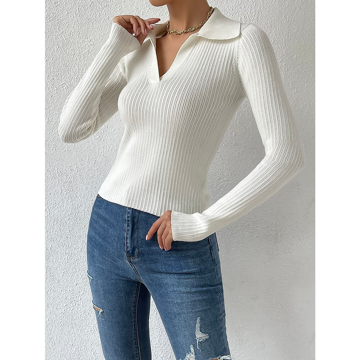 SHENHE Women's Casual V Neck Long Sleeve Knitted Pullover Polo Sweater Jumper Tops White L